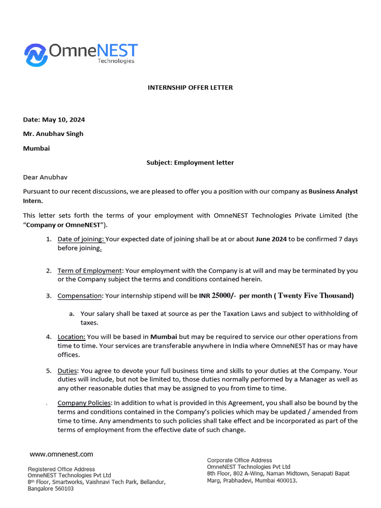 Omnenest Offer Letter Interns-Anubhav Singh | PDF | Indemnity | Arbitration Omnenest Offer Letter Interns-Anubhav Singh | PDF | Indemnity | Arbitration