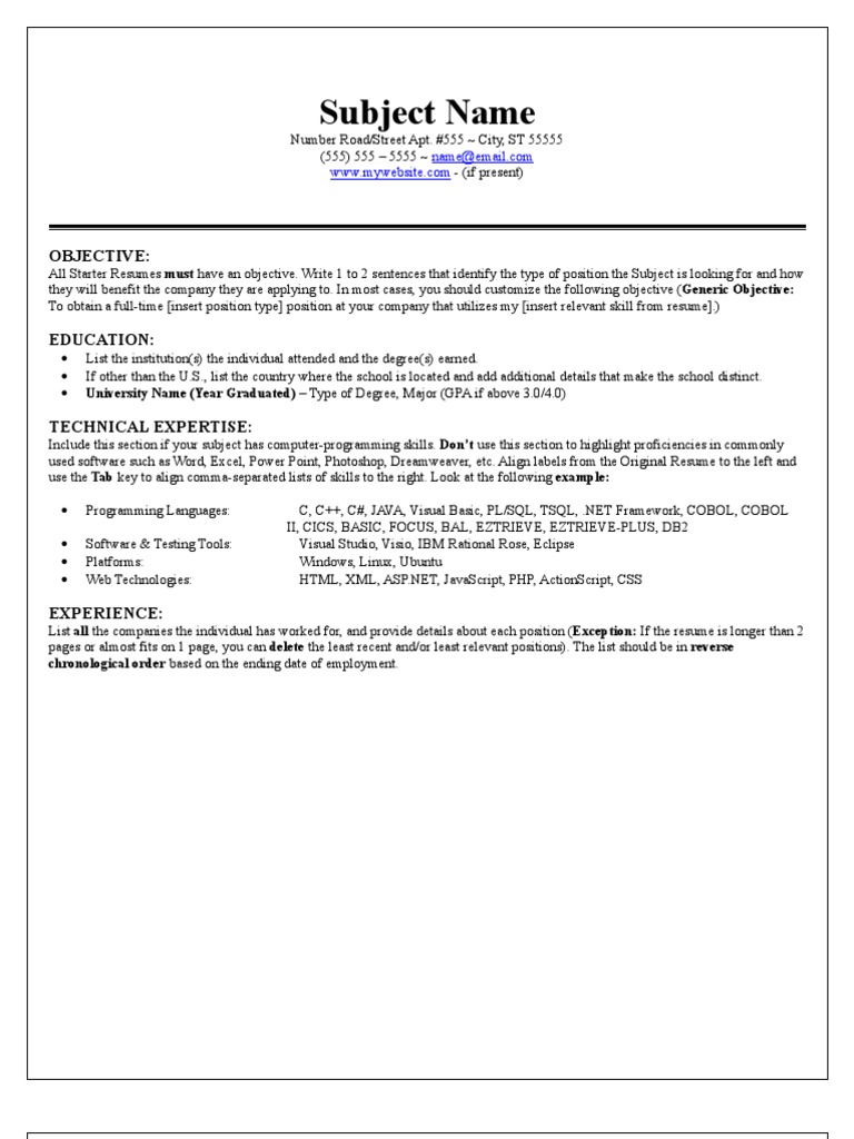 Starter Resume Template Computing Technology