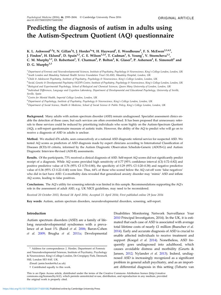 Predicting The Diagnosis of Autism in Adults Using The Autism Spectrum Quotient Aq Questionnaire ...