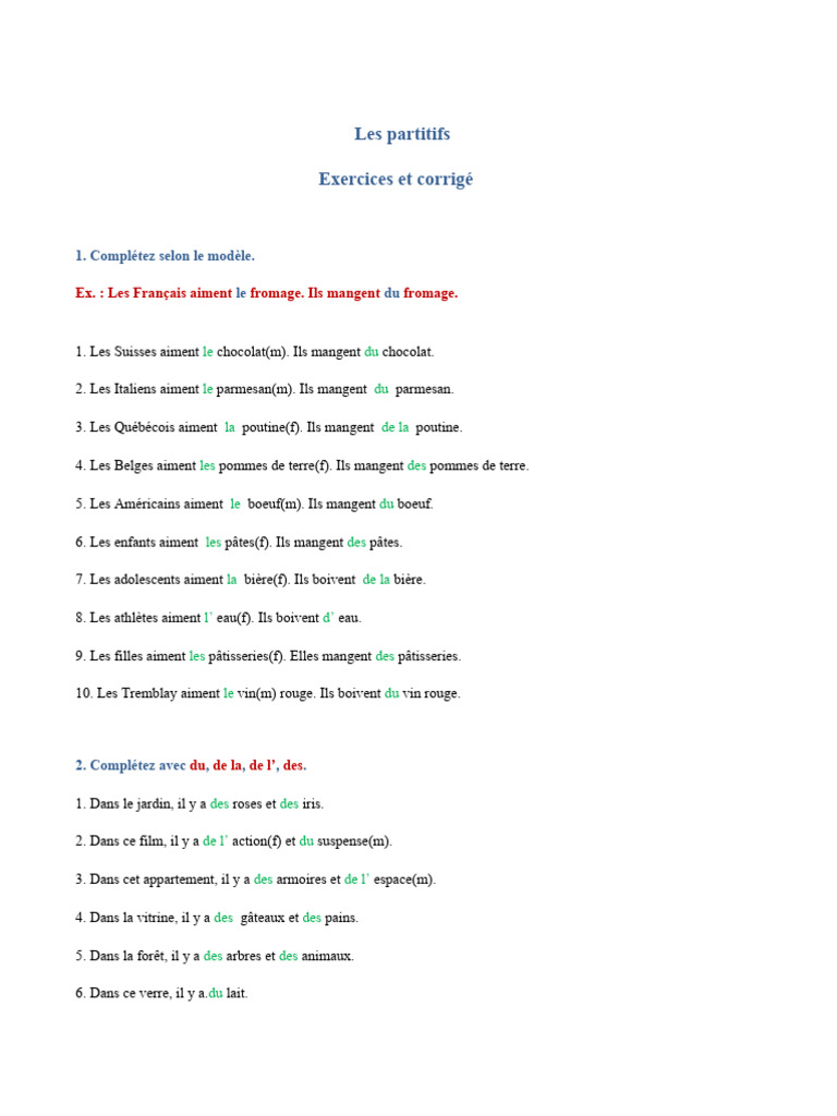 Exercices sur les articles partitifs | PDF | Cuisine européenne | Cuisine
