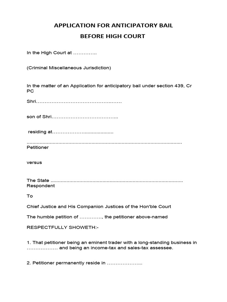 Application For Anticipatory Bail Before High Court | PDF | Bail | Crime & Violence