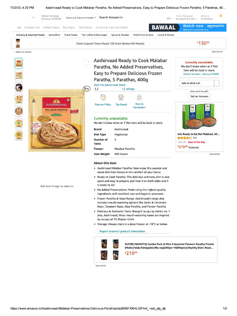 Aashirvaad Ready To Cook Malabar Paratha, No Added Preservatives, Easy ...