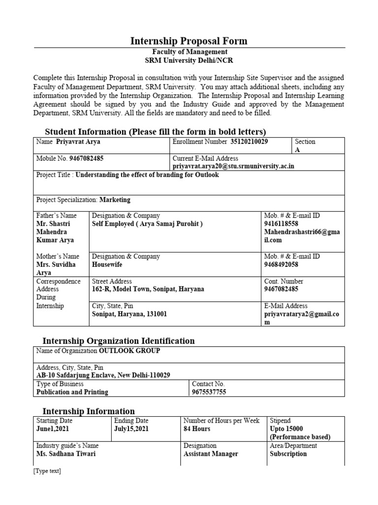 Internship Proposal & Learning Agreement SIP | PDF | Career & Growth