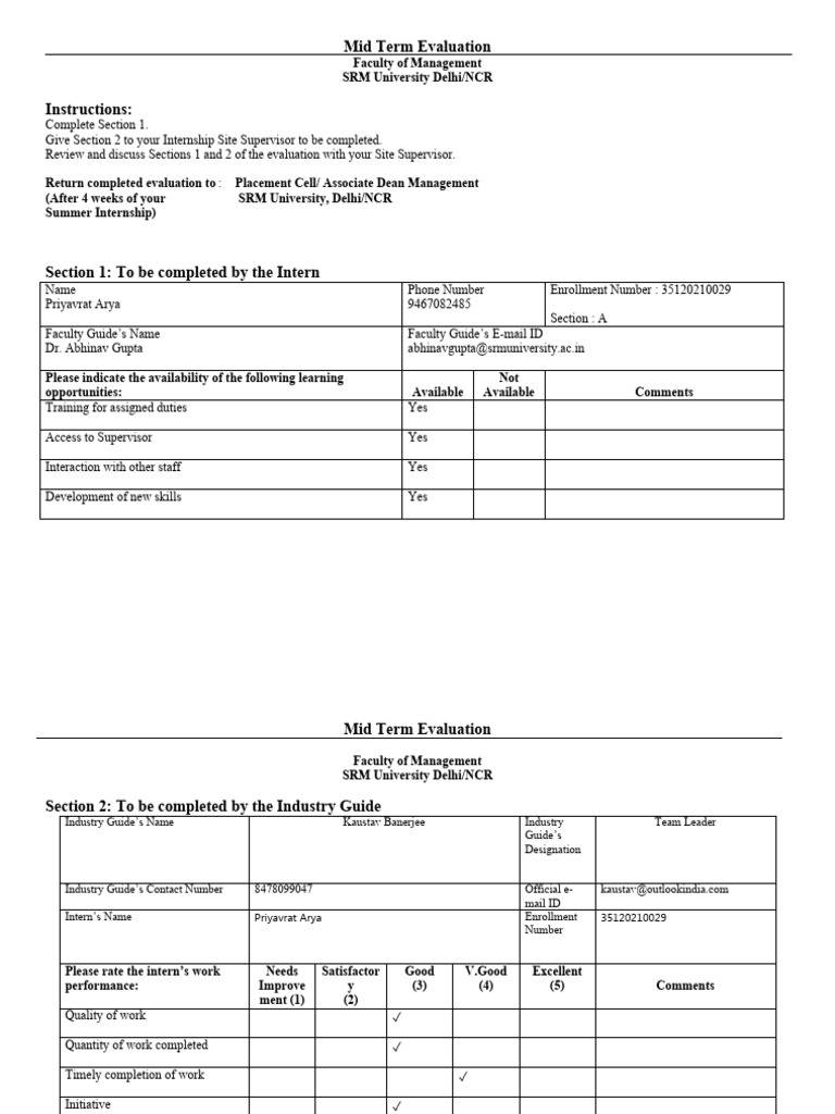 Mid Term Evaluation SIP | PDF | Internship | Job Hunting