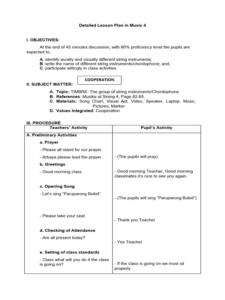 Detailed Lesson Plan in Music 4 Timbre Taculod Jhonray C 3 Beed B | PDF | String Instruments ...