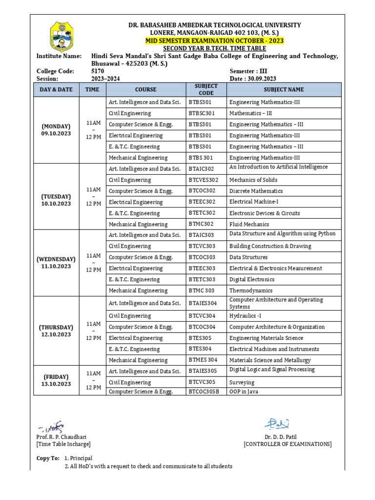 Mid-Sem-TT - ST, TY and Final Year - OCT-2023 | Download Free PDF | Engineering | Computer Science