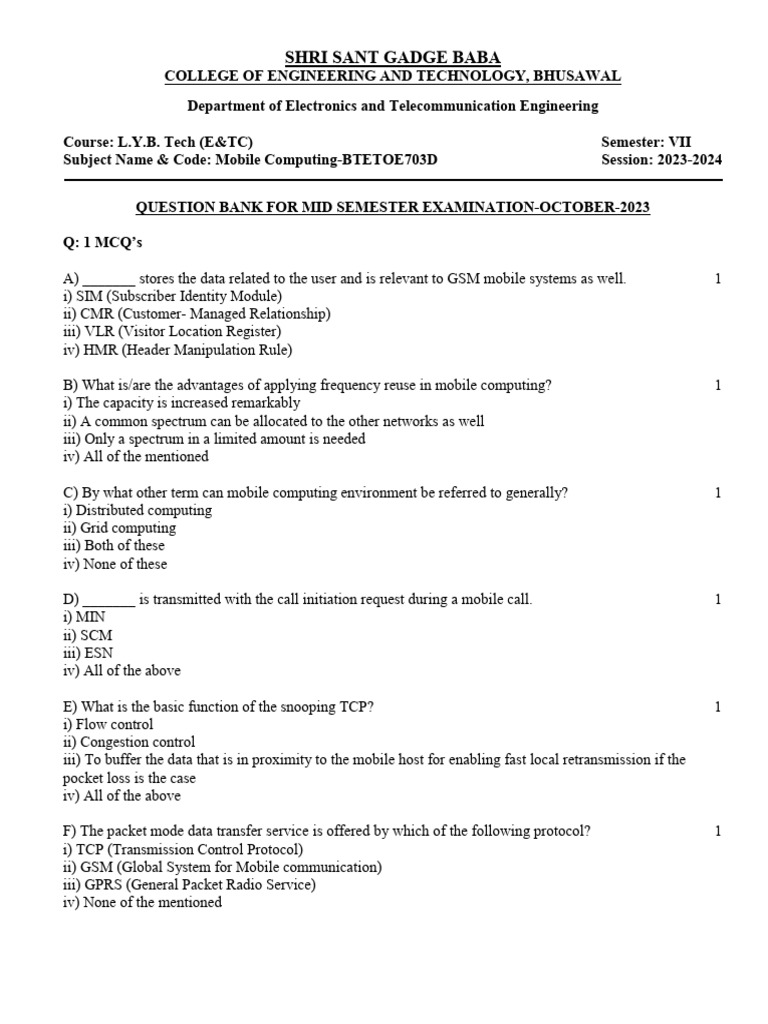 Mse QB L.y.b.tech (E&tc) MC Oct 2023 | Download Free PDF | General Packet Radio Service ...