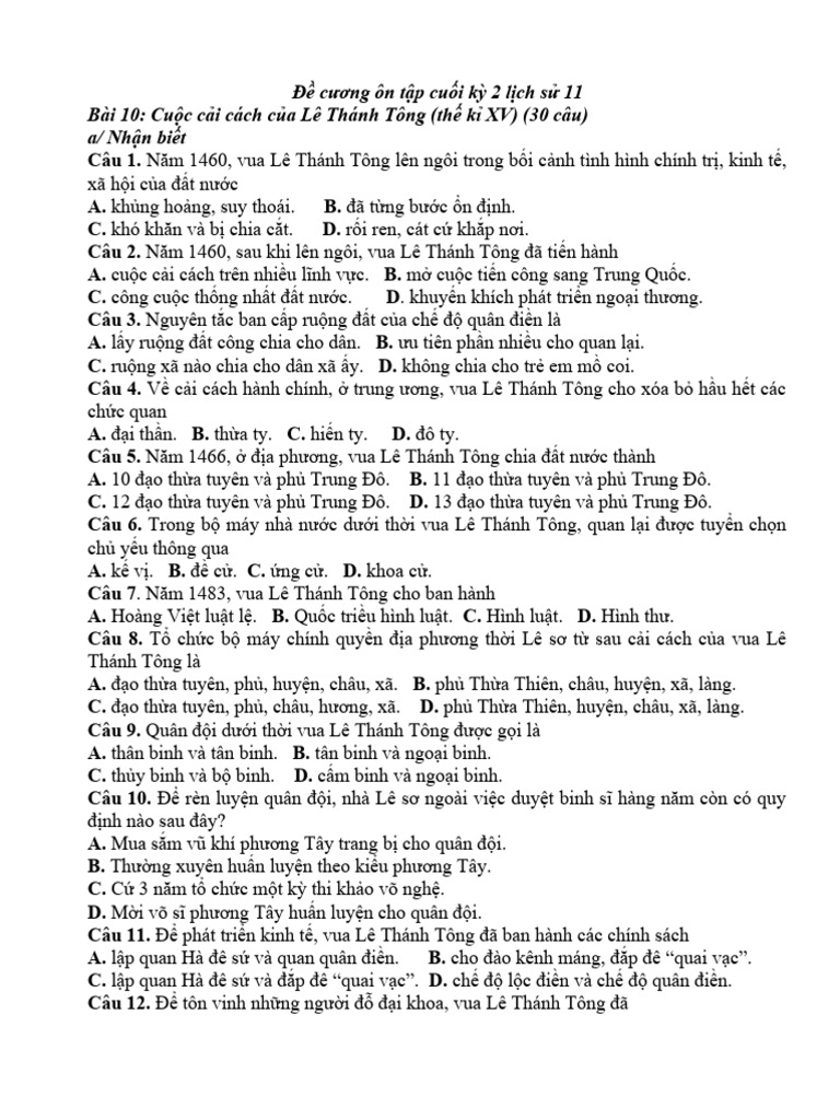 Đề Cương Kì 2 Khối 11 Không Đáp Án | PDF