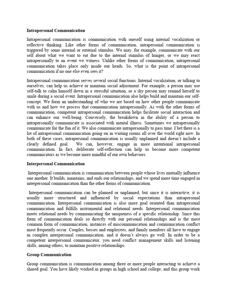 Intrapersonal, Inter, Public and Mass Communication | PDF ...