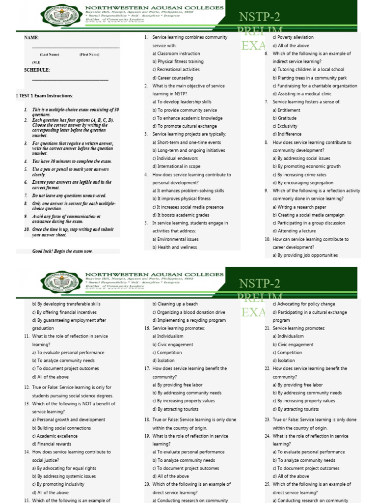 NSTP 2 Prelim Exam | Download Free PDF | Service Learning | Self Awareness