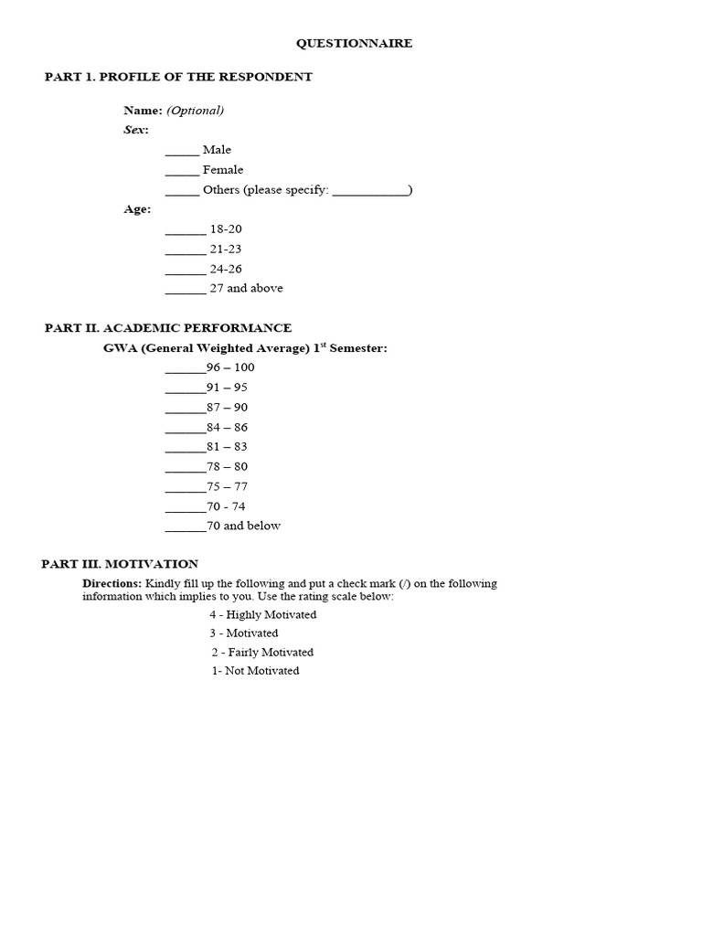 QUESTIONNAIRE (Motivation) | PDF | Motivational | Motivation