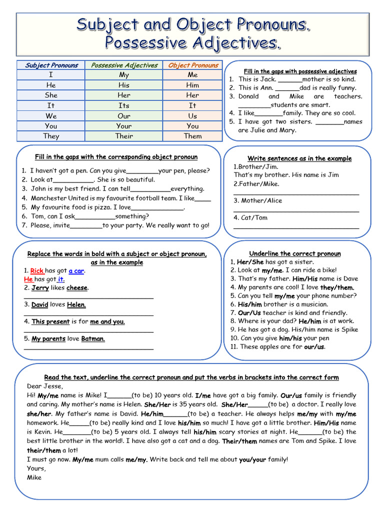 Subject and Object Pronouns Possessive Adjectives 93842 | PDF | Pronoun ...
