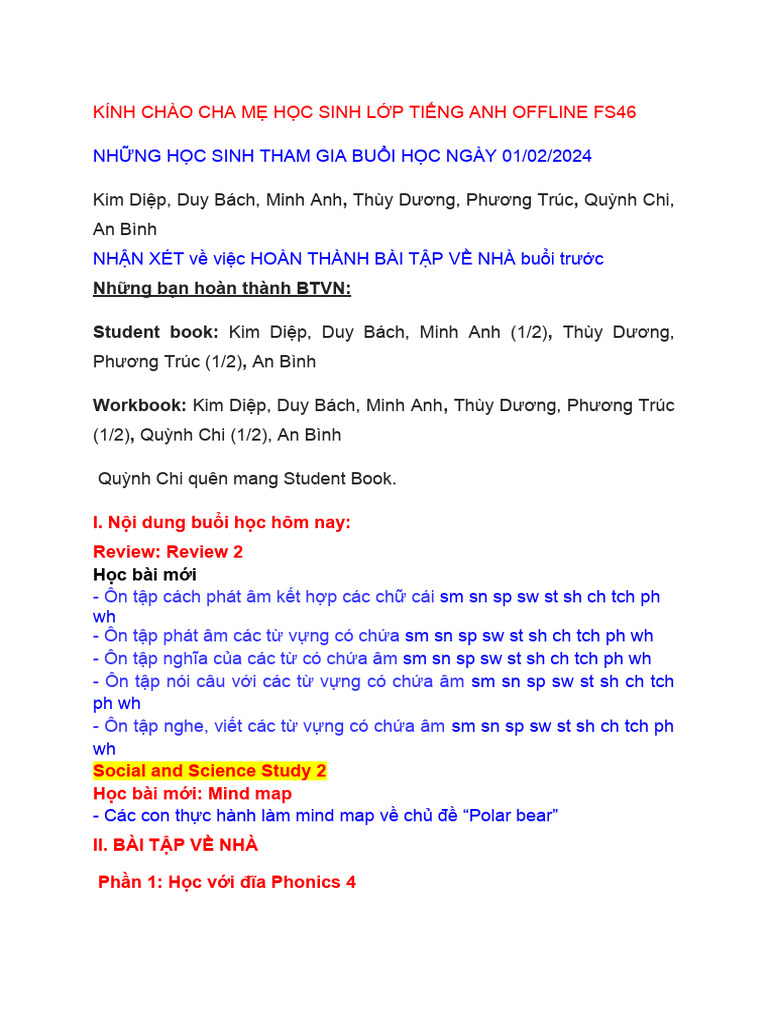 BTVN Bu I 116 L P FS46 Ngày 01 - 02 - 2024 | PDF