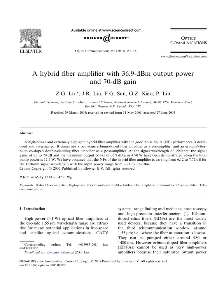 A Hybrid Fiber Amplifier With 36.9-dBm Output Power | Download Free PDF | Optical Fiber | Laser