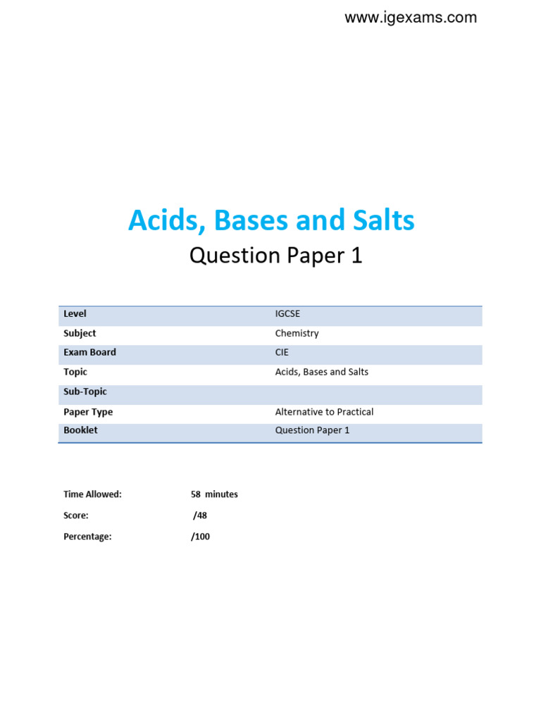 IGCSE Chemistry Acids, Bases & Salts Exam | PDF | Acid | Aqueous Solution