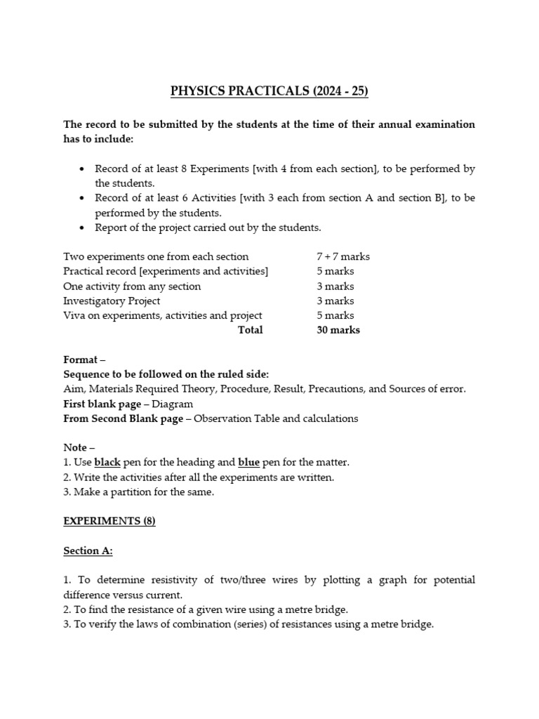 Class 12 Physics Practicals Guide 2024-25 | PDF | Electrical Network ...