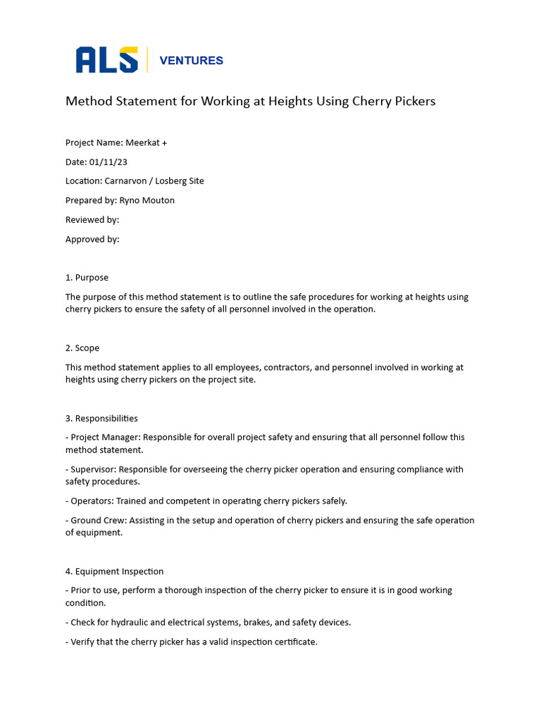 Method Statement For Working at Heights Using Cherry Pickers | Download Free PDF | Safety ...