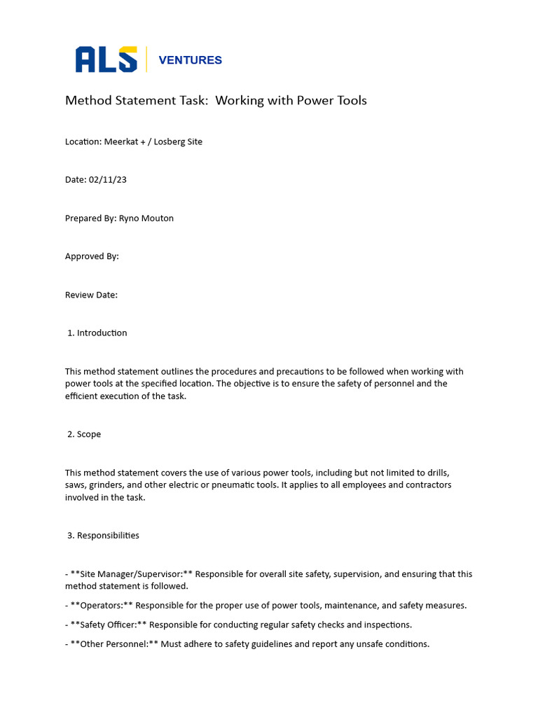 Power Tool Safety Method Statement | PDF | Personal Protective ...