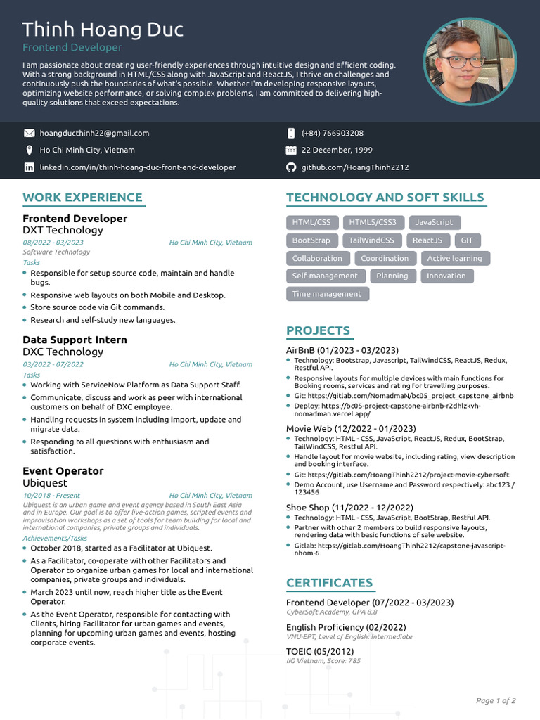 Hoang Duc Thinh Resume | Download Free PDF | Bootstrap (Front End Framework) | Html5