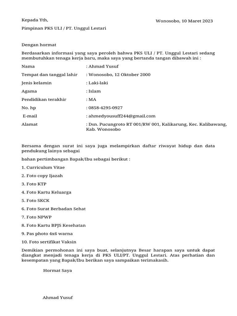Lamaran Kerja Ahmad Yusuf ke PKS ULI | PDF | Olahraga & Rekreasi | Kesehatan Holistik