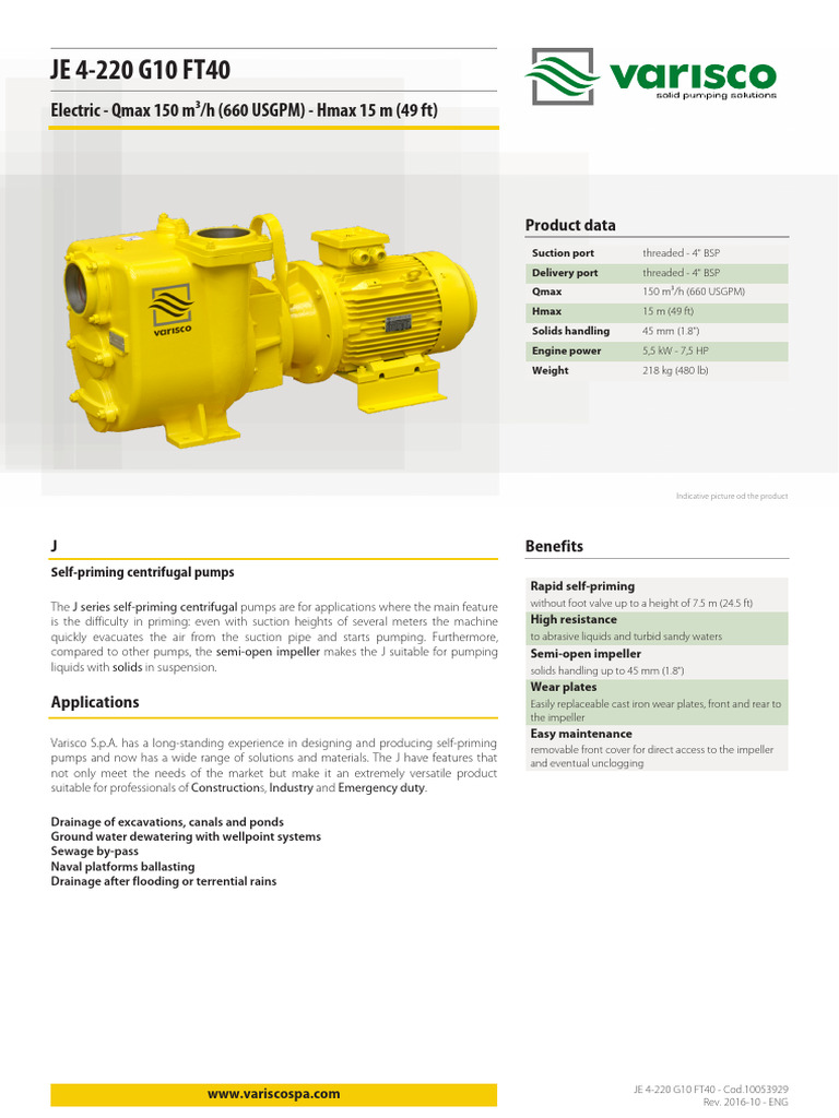 Data Sheet JE 4-220 G10 FT40 - Rev. 2016-10 - ENG | PDF | Pump | Mechanical Engineering
