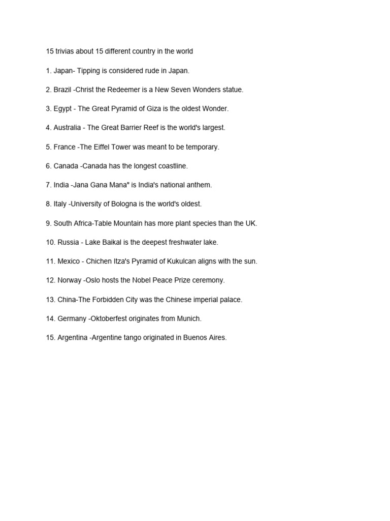 Global Trivia: Facts from 15 Countries | PDF | Social Science | Travel