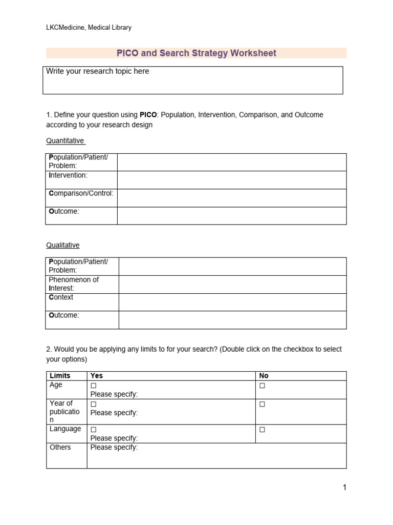 PICO and Search Strategy Worksheet - Medlib 1yg0l6w | PDF | Medicine | Health Care