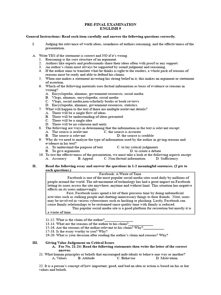 Pre Final Exam | PDF | Reason | Facebook