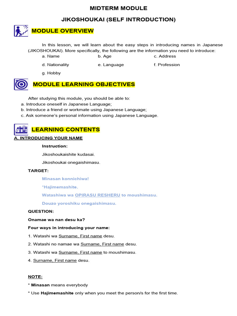 Midterm Module Nihongo Jikoshoukai 1 | PDF | Japanese Language | Question