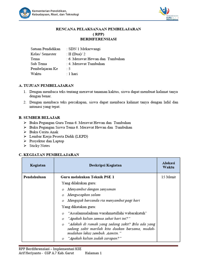 (123dok - Com) Rencana Pelaksanaan Pembelajaran RPP Berdiferensiasi Merawat Tumbuhan Kelas 2 ...