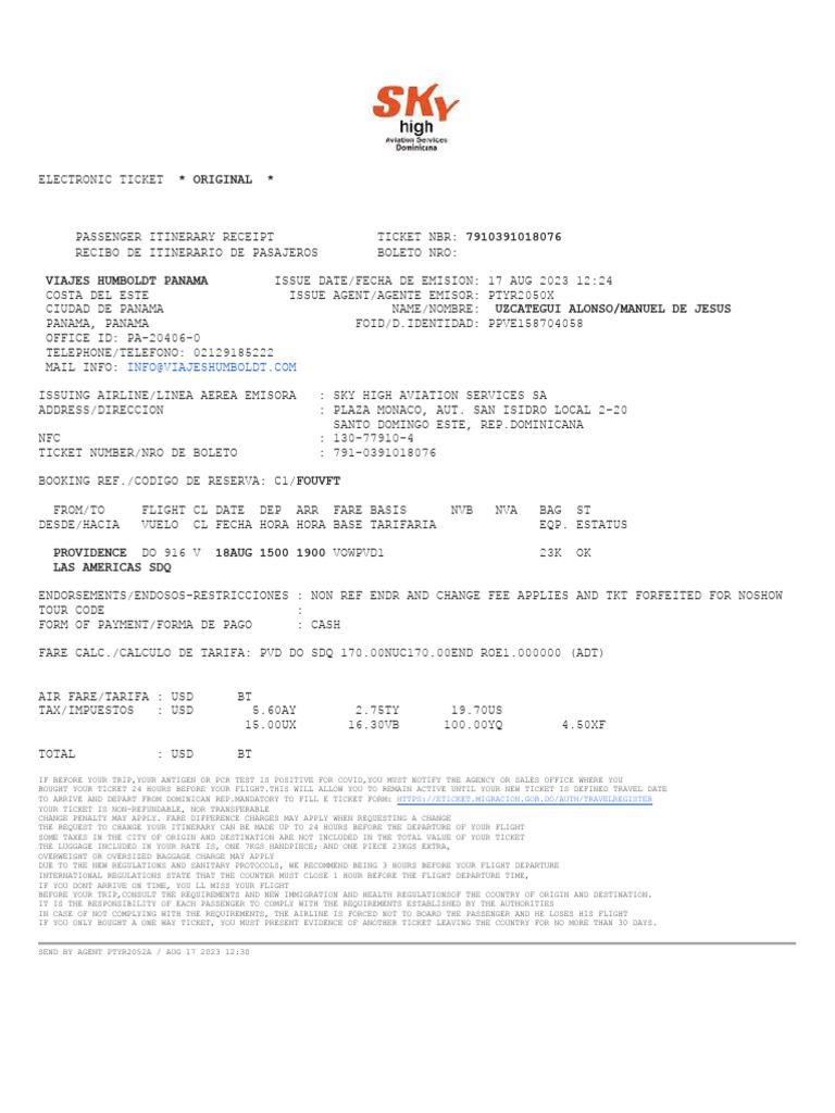 Sky High Aviation Electronic Tickets | PDF | Baggage | Transport Companies