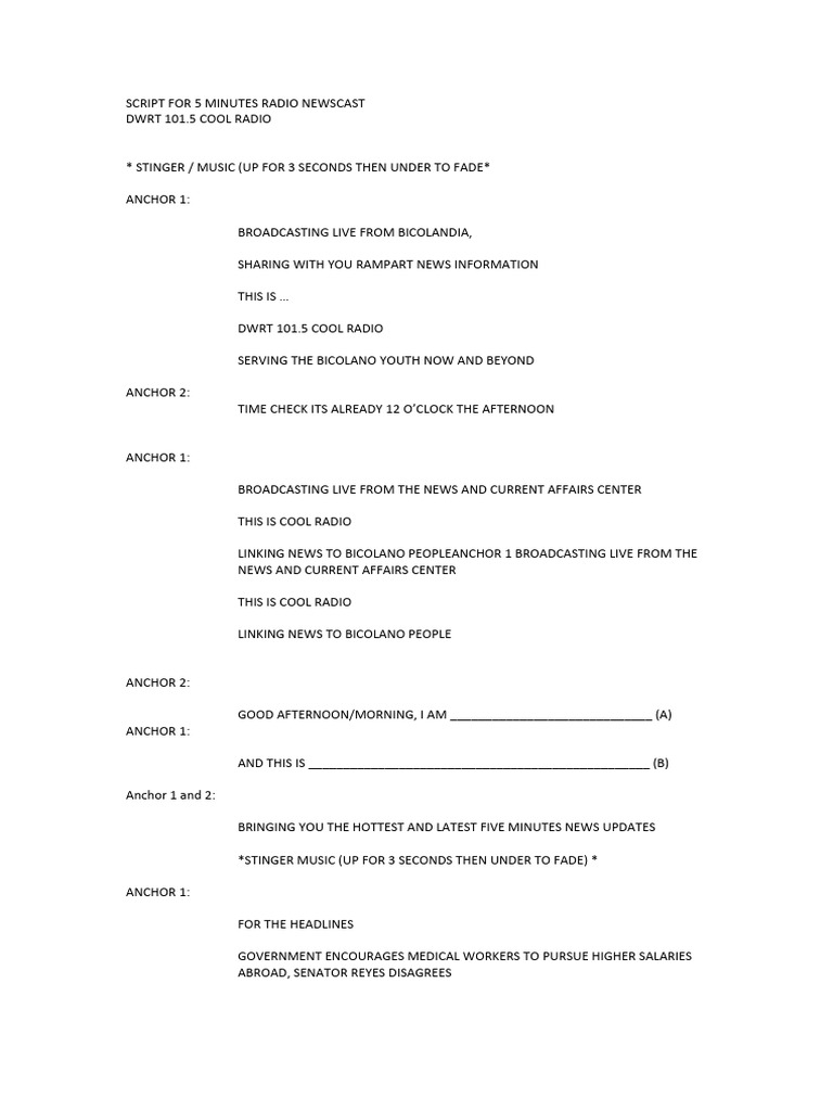 Script For 5 Minutes Radio Newscast | PDF | Broadcasting | Mass Media