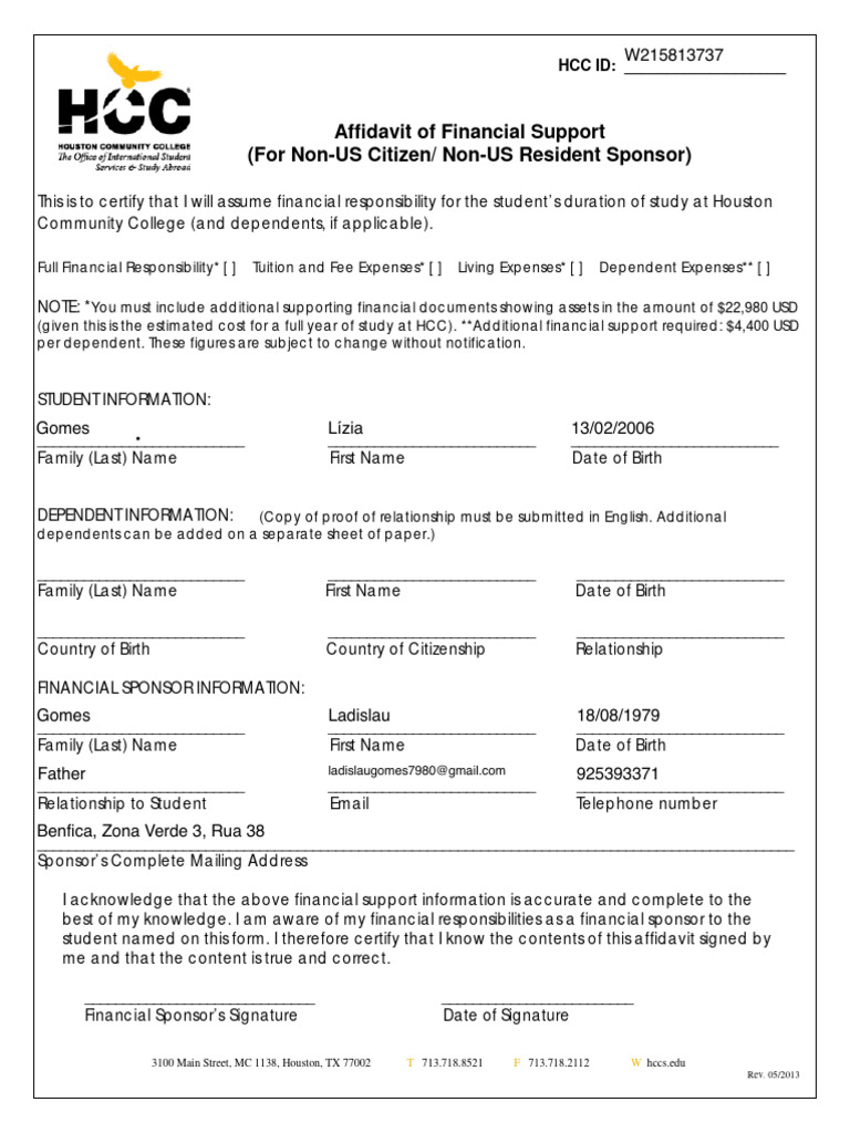 Affidavit of Financial Support for HCC | PDF | Social Science