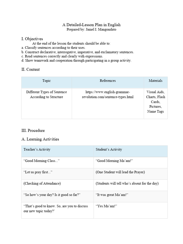 English Detailed Lesson Plan For-Demo | PDF | Question | Sentence ...