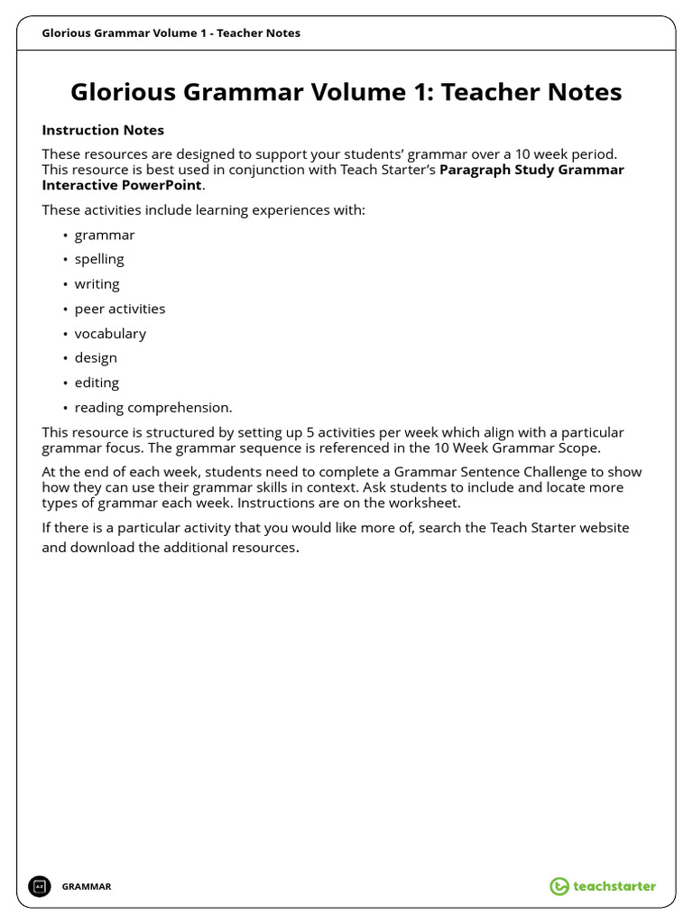TeachStarter - Glorious Grammar Volume 1 Worksheet Book - 1791210 | PDF ...