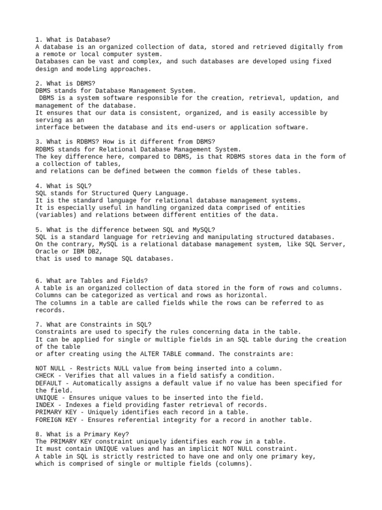 Sql Interview Questions Pdf Relational Database Database Index