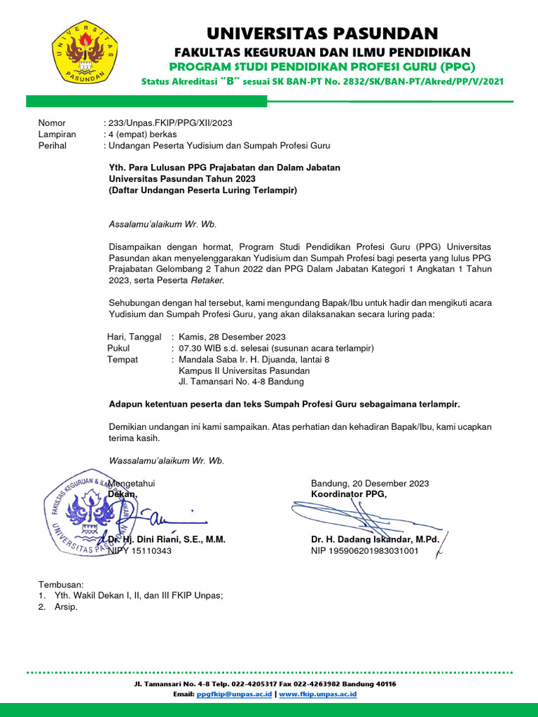 PPG233 - Peserta Luring - Undangan Peserta Yudisium Dan Sumpah Profesi 28122023 | PDF