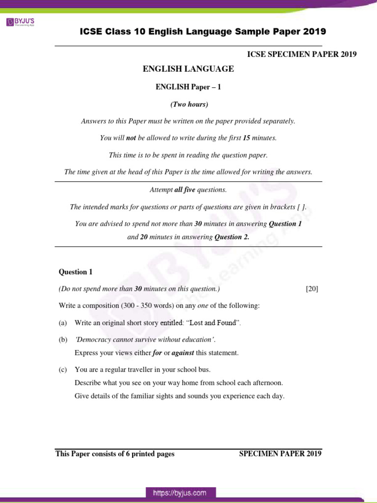 ICSE Class 10 English Language Sample Paper For 2019 | PDF | Question | English Language