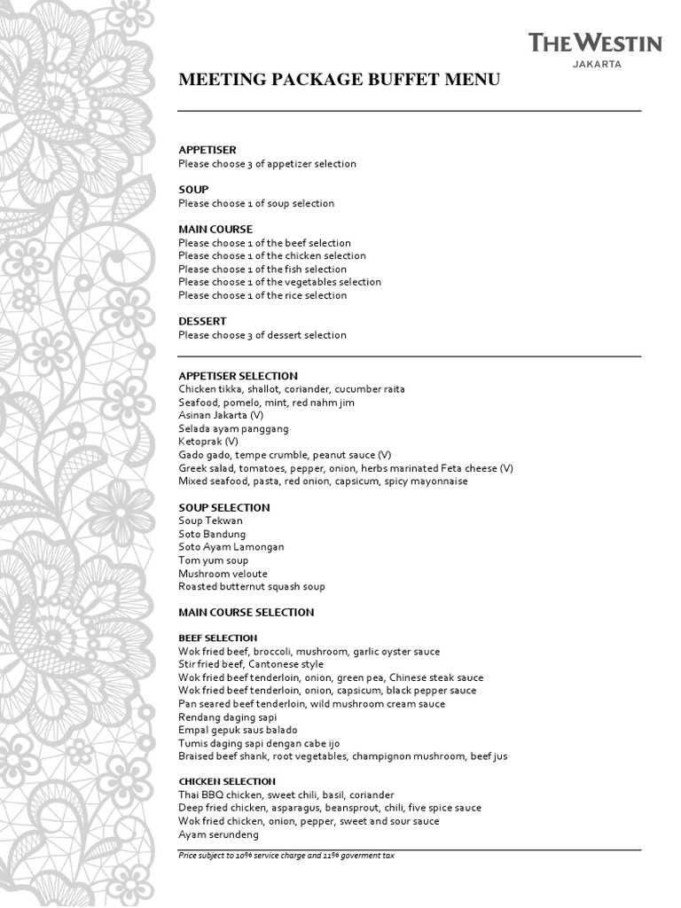 Westin Package Buffet Menu | PDF | Cakes | Sauce