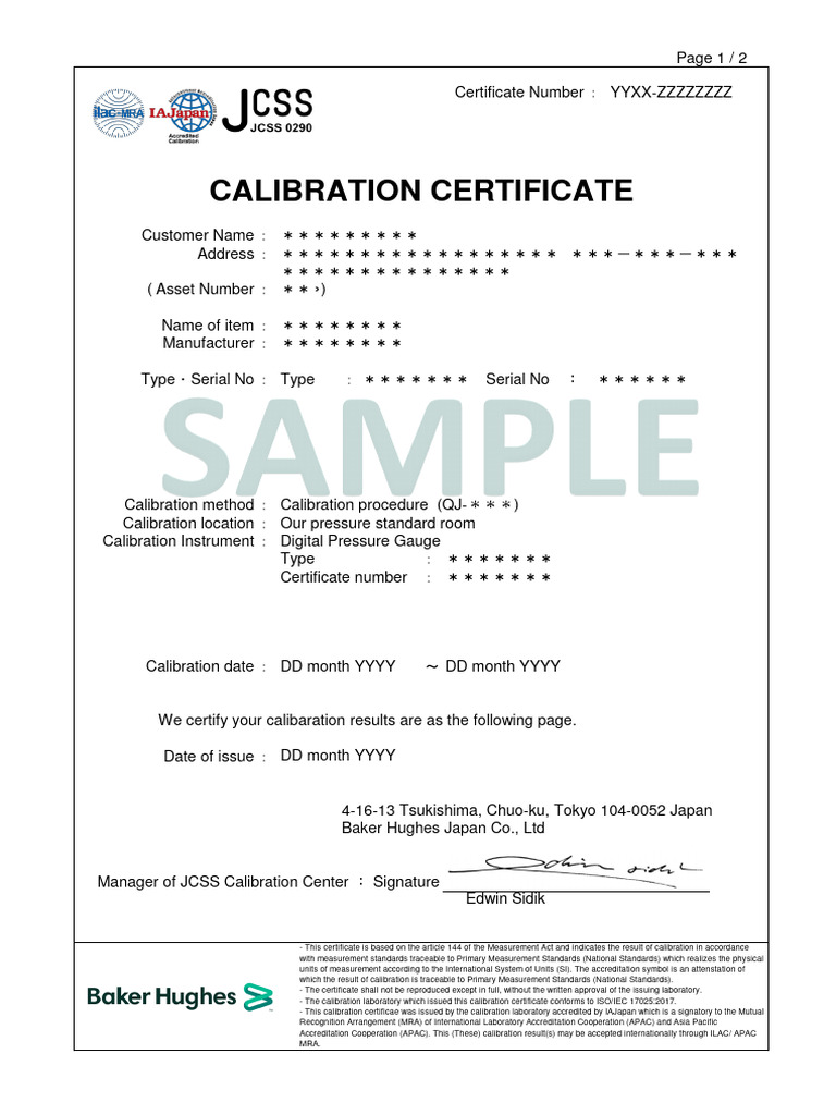 JCSS Calibration Certificate SAMPLE (English) | PDF | Calibration ...