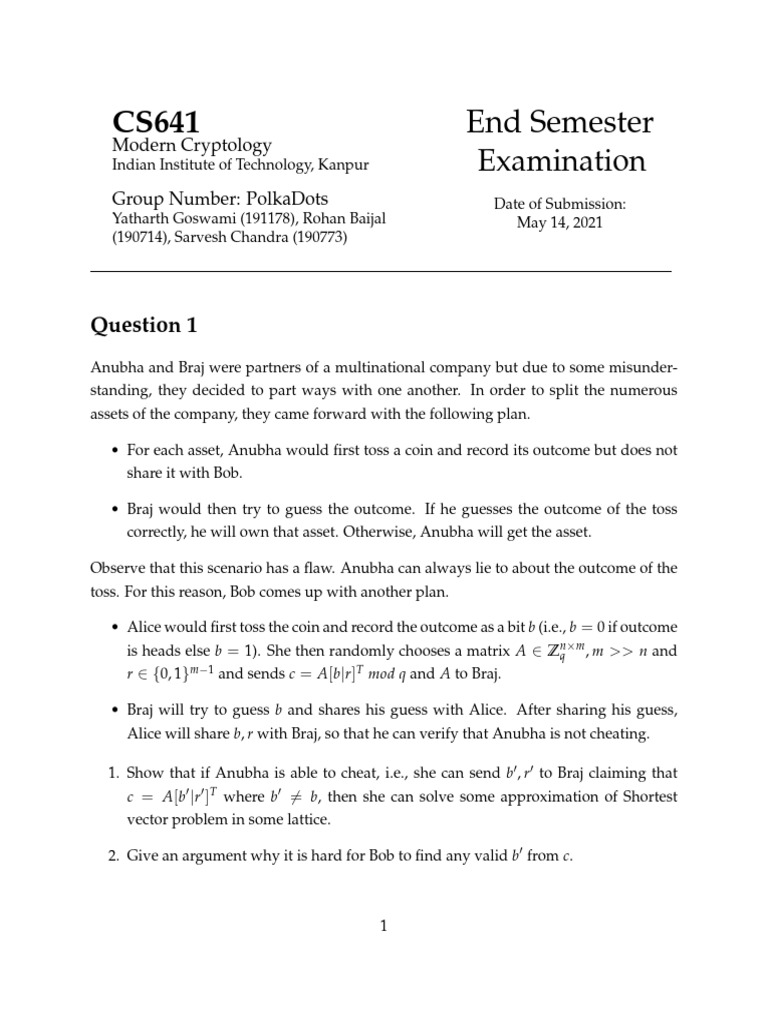 CS641 Endsem Solution | Download Free PDF | Lattice (Group) | Function (Mathematics)