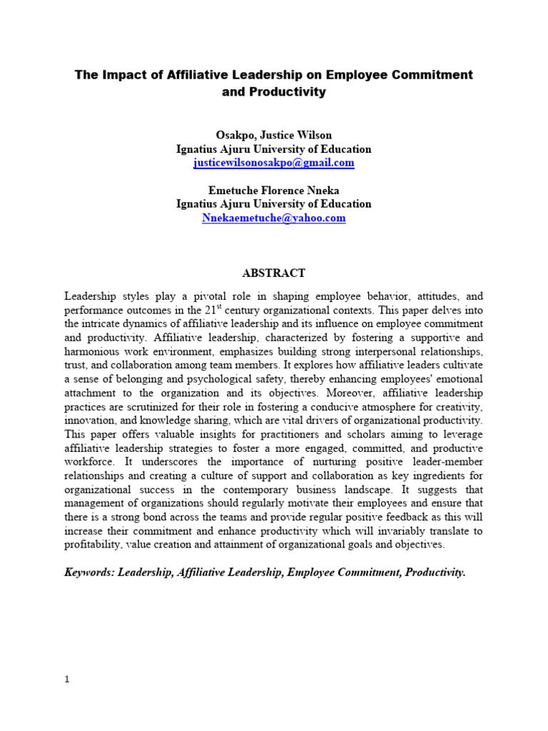 Affiliative Leadership's Impact on Commitment | PDF | Leadership | Goal