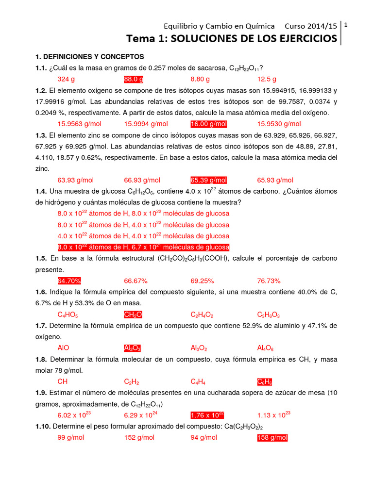 Tema 1 Ejercicios Soluciones 1415 | PDF | Mole (Unidad) | Ácido