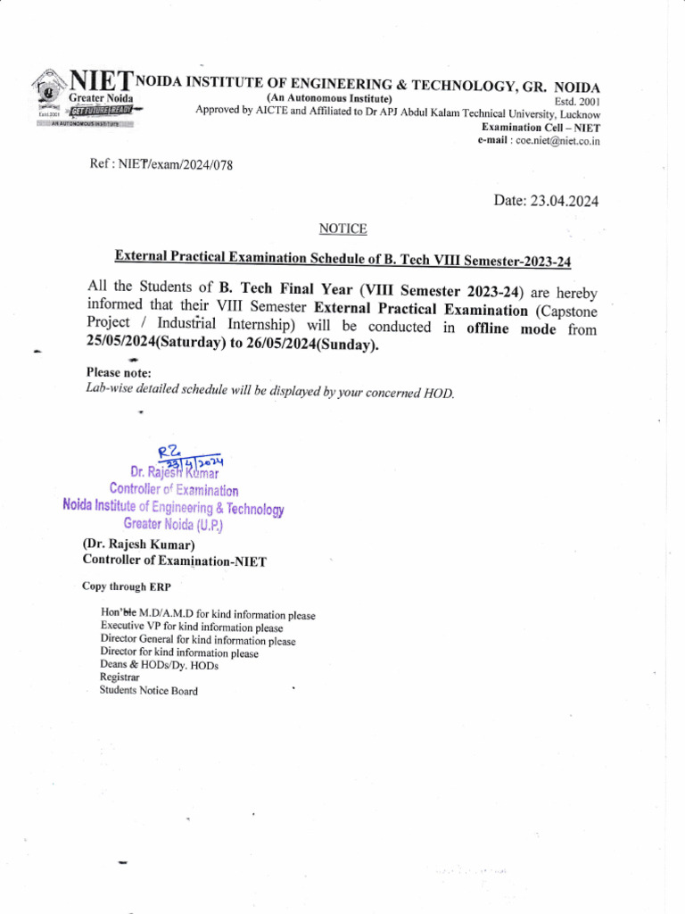 External Practical Exam B. Tech Final Yr 8th Semester 2023-24 | PDF