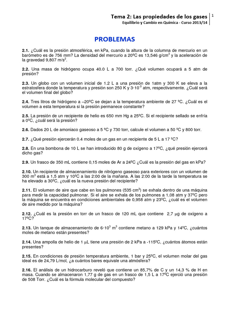 Tema 2 Problemas 1314 | PDF | Gases | Oxígeno