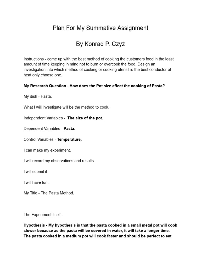 Science Summative Assigment | PDF | Pasta | Water