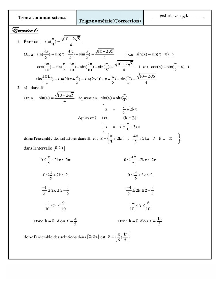Calcul Trigonometrique 2 Corrige Serie D Exercices 3 1 | PDF