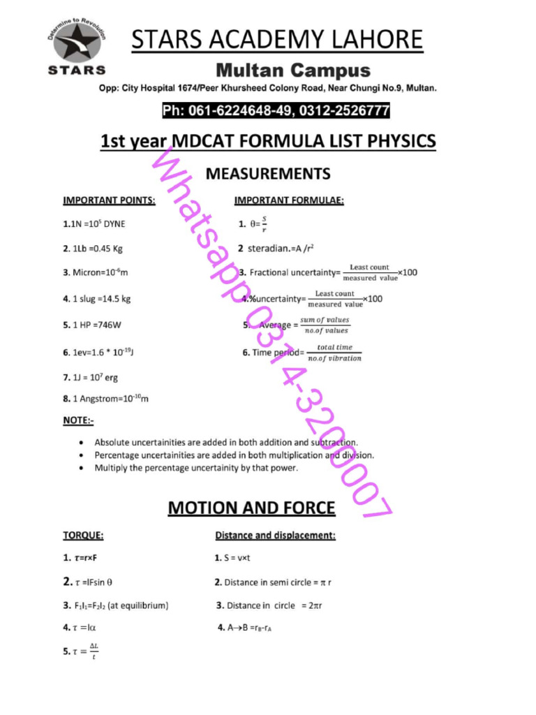 STARS Physics Formulas | PDF