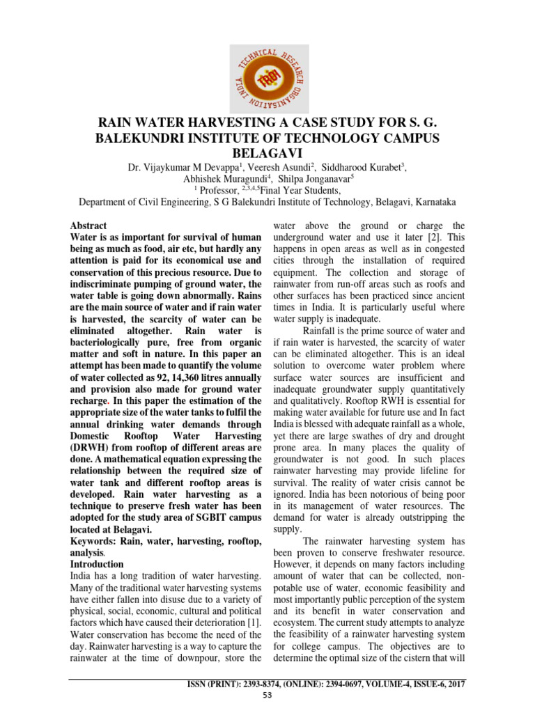 Rain Water Harvesting A Case Study of SG Balekundri Institute of Technology Belagavi | PDF ...