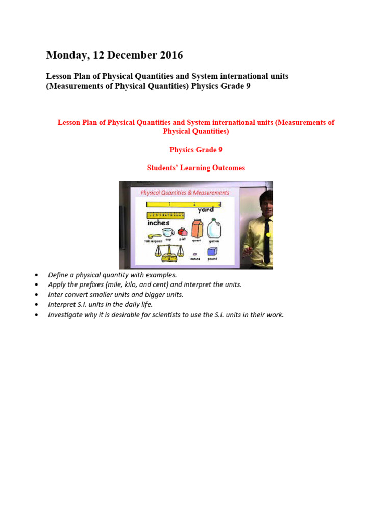 Lesson Plan of Physical Quantities and System International Units (Measurements of Physical ...